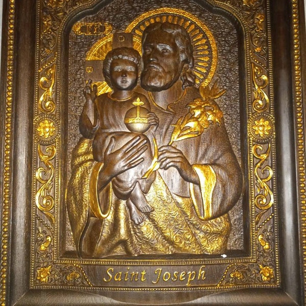 Saint Joseph Wood Carved Religious Personalised Icon Wall Hanging Art ...