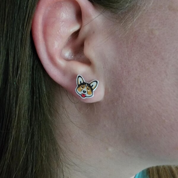 TRI CORGI Earrings / Hypoallergenic Titanium Posts / Tri-colored Corgi ...