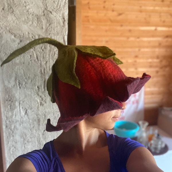 Beautiful Bell Shaped Hat Dark Red Flower Hat Pixie Hat Elf Hat Funny ...