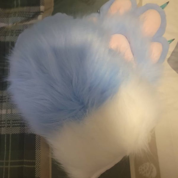 Handmade Cream-blue Cat Paw Cosplay Gloves Faux Fur Fluffy Kitten Puppy ...