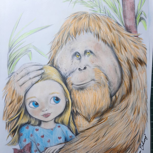 My Big Friend Grayscale Coloring Page Cute Big Eyed Girl and Her ...