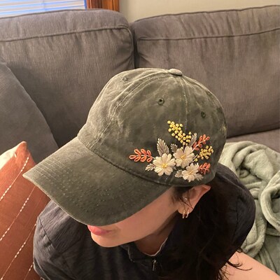Hand Embroidered Hat, Green Floral Embroidery Baseball Cap, Gift for ...
