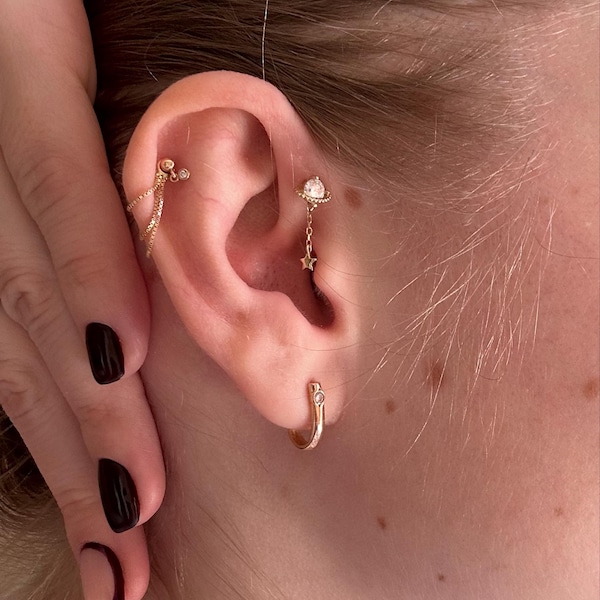 14K Solid Gold Threadless Dangle Hidden Helix Earrings/cartilage ...