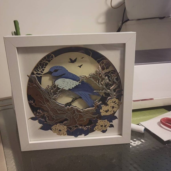 Bird Shadow Box SVG Template: Flowers, Moon, 3D Paper Cut (digital ...