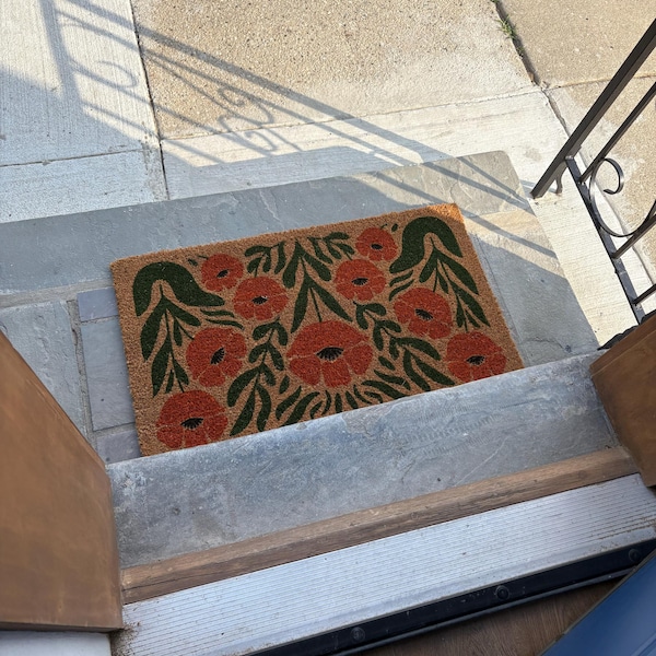 Retro Poppy Doormat, Boho Modern Gift for Home, Modern Botanical Floral ...