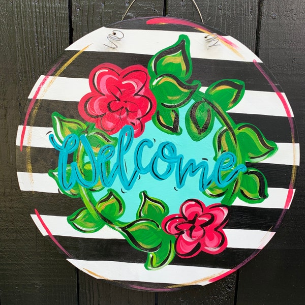 Welcome Floral Sign With Stripes - Flowers - Black and White - Wood Cut ...