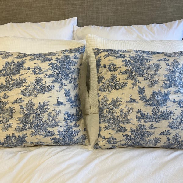 Blue Toile Throw, French Vintage Bedding, Farmhouse Linen, Toile Du ...