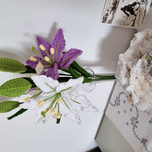 Handmade Crochet Simulation Lily Flowers With Bud Bouquet 1 PCS ,white ...