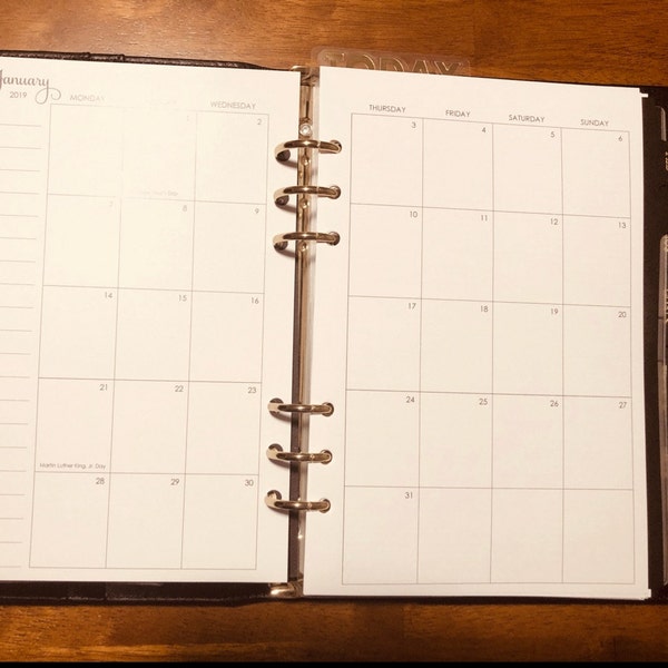 Dated Monthly Calendar Planner Inserts, A5 6-ring Punch, Half Letter ...
