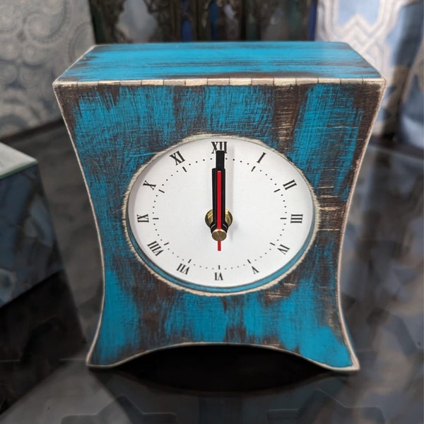 Wood Clock, Gold Blue Table Clock, Desk Ellipse Distressed Clock, Oval ...