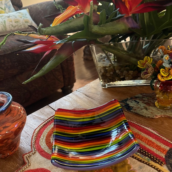 Rainbow Striped Fused Glass Plate, Multi-color Glass Dish, Wavy Stripes ...