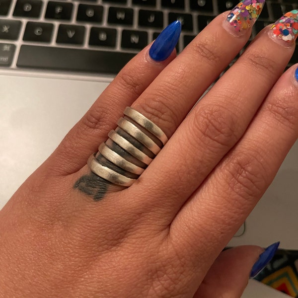 Antique Silver Long FIVE PARALLEL LINES Ring, Boho Minimalist Modernist ...