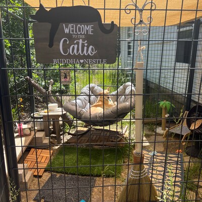 Hand Painted Welcome to the Catio Sign, Wood Cat Shaped Sign, Hanging ...