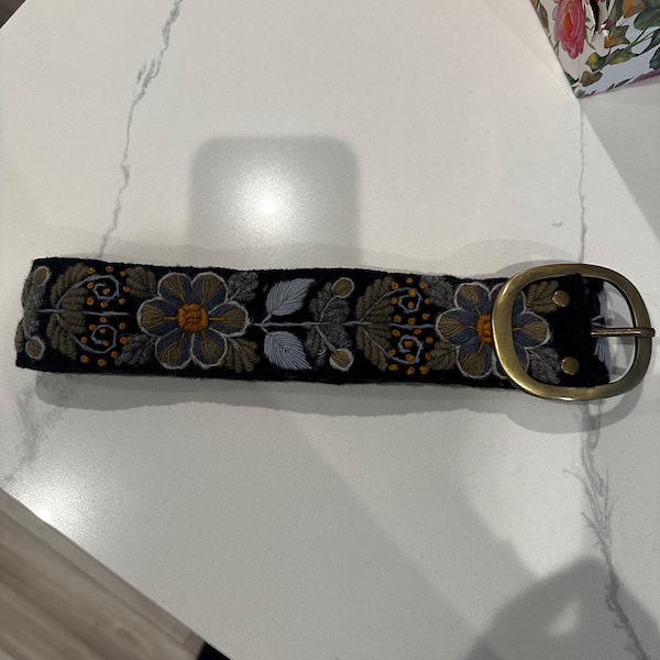 Peruvian Embroidered Belt, Handmade Embroidery, Black Strap, Greenish ...