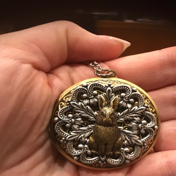 Rabbit Pendant Large Round Brass Picture Locket Layering Necklace ...