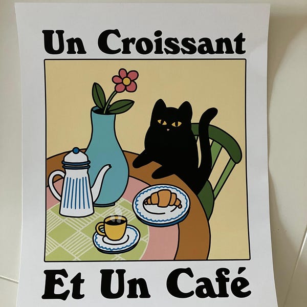French Cafe Croissant Cat Print, Retro Drink Poster, Bistro Coffee ...