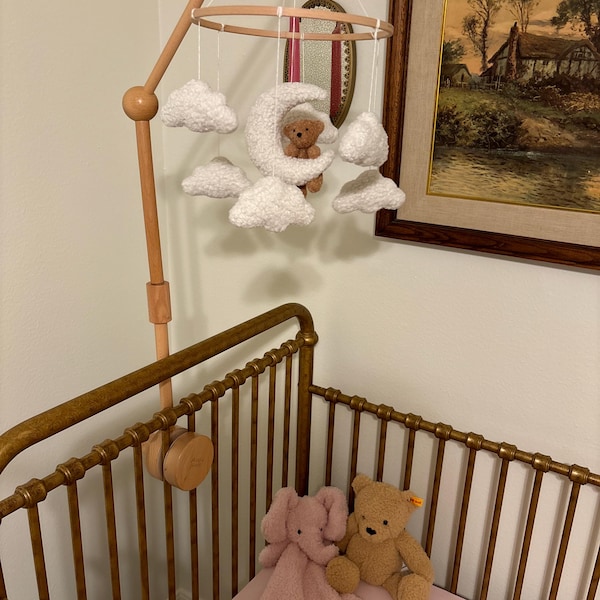Boucle Teddy Bear Mobile: Neutral Nursery Decor, Clouds and Bear - Etsy