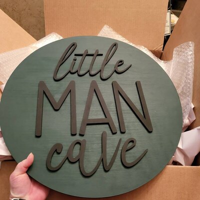 LARGE Little Man Cave Round 3D Wooden Sign Boys Room Decor Baby Shower ...