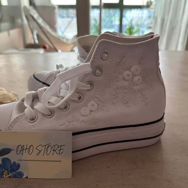 Custom Wedding Converse Platform: White Floral Embroidered Sneakers - Etsy