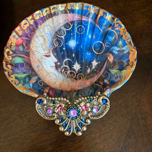 Decoupaged Shell Jewelry Dish, Peacock and Roses Shell Jewelry, Coastal ...