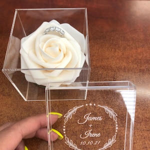 Acrylic Cube Ring Box With Rose Ring Holder Etched Clear Wedding Ring ...