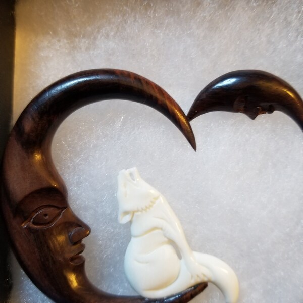 Howling Wolf Inside Crescent Moon, Buffalo Bone and Sono Wood Carving ...