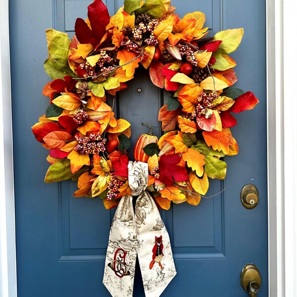 Cardinal Red Toile Holiday Wreath Sash for Front Door, Custom Monogram ...