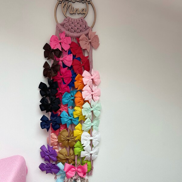 Personalised Name Bow Holder Wood Sign With Macrame - Holds Lots of ...