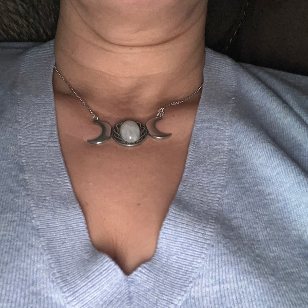 Triple Moon Necklace | Made in Cornwall | Rainbow Moonstone and Pewter ...