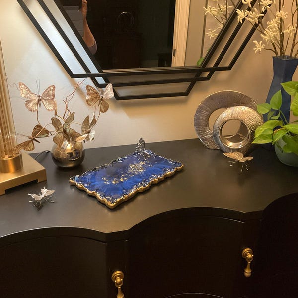 Large Tray & Coaster Set With Reflective Glass Rim, 18x11” Epoxy Resin ...