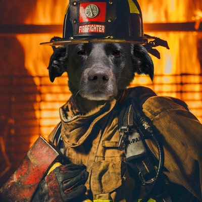 Firefighter Pet Portrait, Firefighter Gift Ideas, Fire Fighter Dog ...