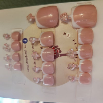 Thick Lined French Presson Toenails Pink and White Presson Nails for ...