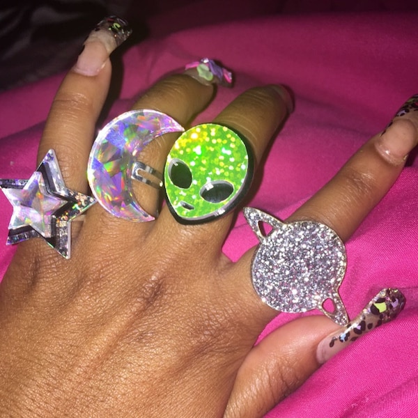 Galaxy Ring Set, Moon, Star, Planet & Rocket, Laser Cut Acrylic ...