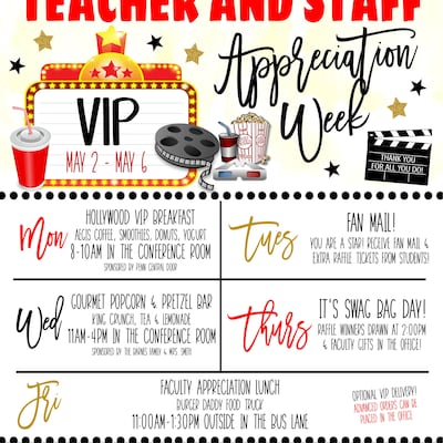 Hollywood Teacher Appreciation Week Itinerary Flyer Movie Theme You're ...