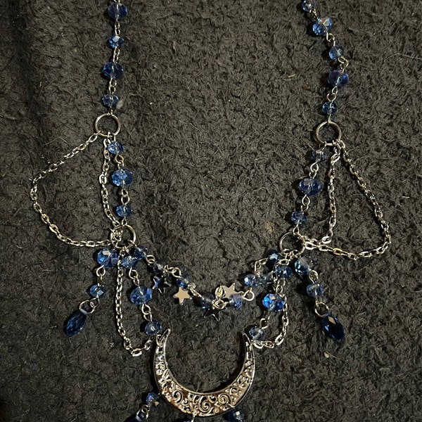 Blue Crystal Moon Star Necklace, Celestial Teardrop Beaded Choker ...