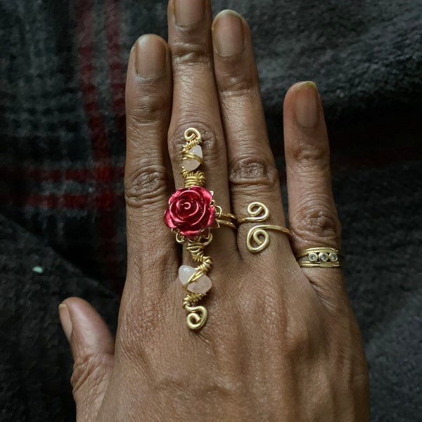 14k Gold Rose Goddess Art Crystal Freestyle Ring, Full Finger Ring, Long Ring, Large Ring ...