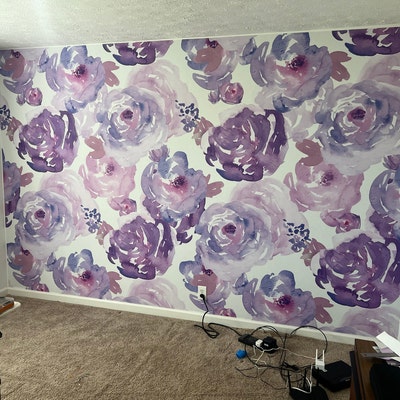Watercolor Purple Floral Removable Wallpaper, Wall Art, Peel and Stick ...