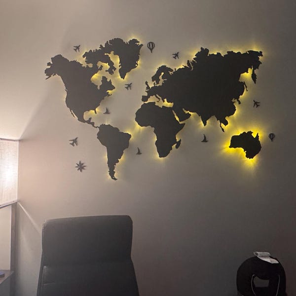 LED WORLD MAP / Wood World Map / Modern Home Decor / Led Wall Art / Led ...