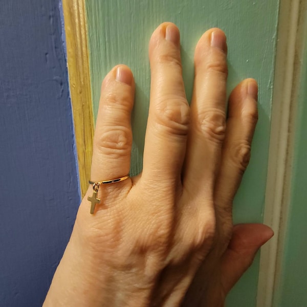 Cross Dangle Ring - Tiny Cross - Silver Cross Ring - Religious - Gold ...