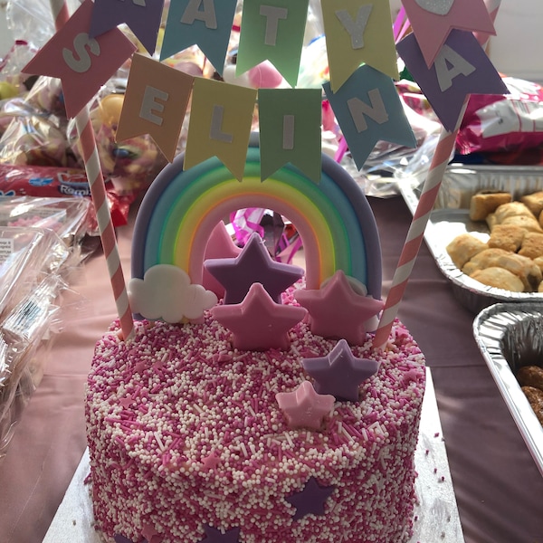 Edible Rainbow Cake Topper Decoration With Personalised Cake Bunting ...