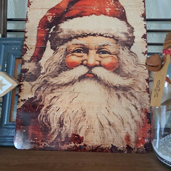 Primitive Distressed Vintage Santa Face Christmas Decor Sign Metal ...