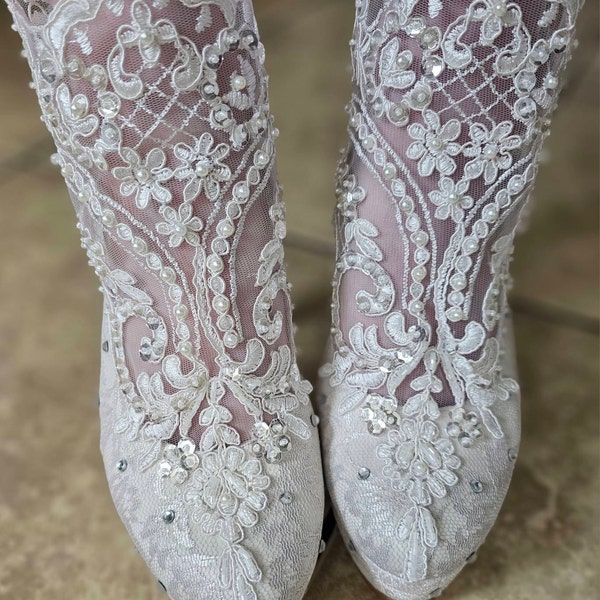Boho Lace Bridal Boots With Block Heels, Ivory Lace Wedding Shoes - Etsy