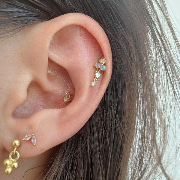 14K Solid Gold Triple Mixed Chain Attachment, 14K Gold Chain Piercing ...