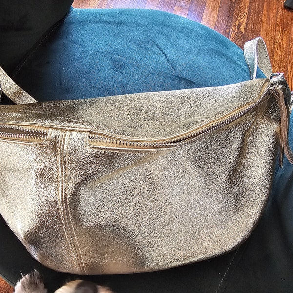 XL Silver Sling Bag, Oversized Silver Chest Bag, XL Bum Bag, Holiday Bag, Airport Bag, Silver ...