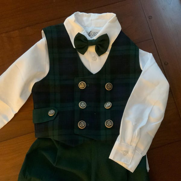 Baby Boy Green Plaid Suit Set, Boys Tartan Outfit, Green and Navy Blue ...