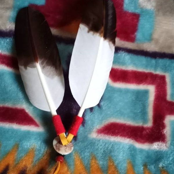 Eagle Feather Hair Tie Hand-painted Native American With Abalone Shell ...