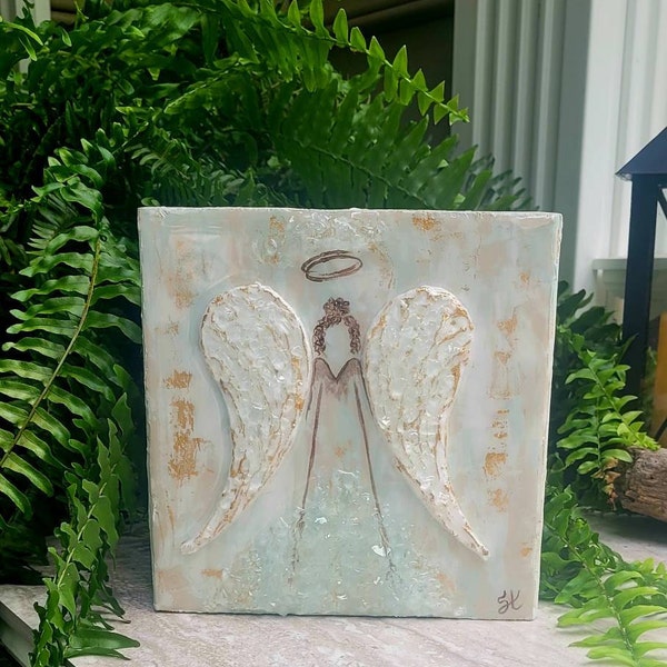 Textured Front Angel With Glass, Block Art, Glass Art, Crushed Glass ...