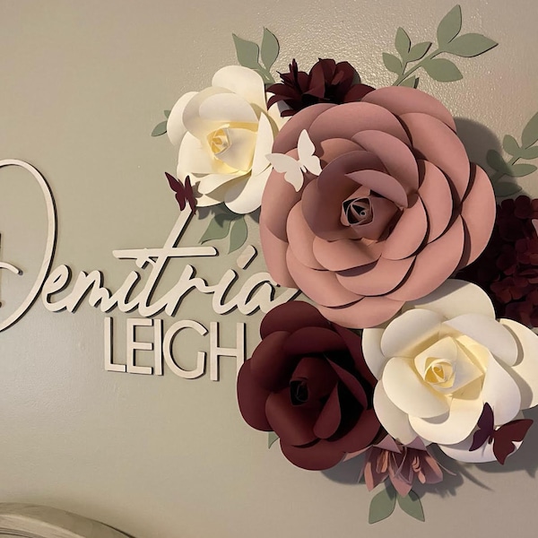 Burgundy Paper Flowers Wall Decor, Dusty Rose, White, Sage Leaves, Baby ...