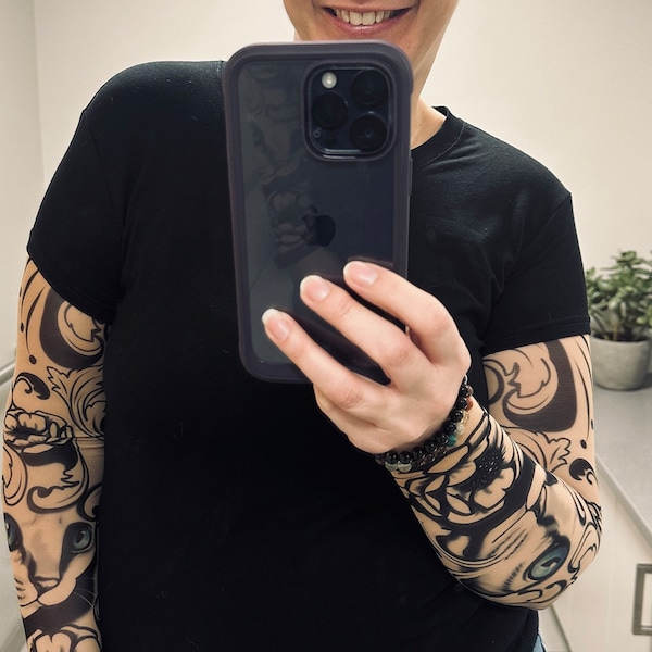 Tattoo T-shirt With MYSTIC CAT Tattoo Sleeves, Temporary Tattoo, Mesh ...