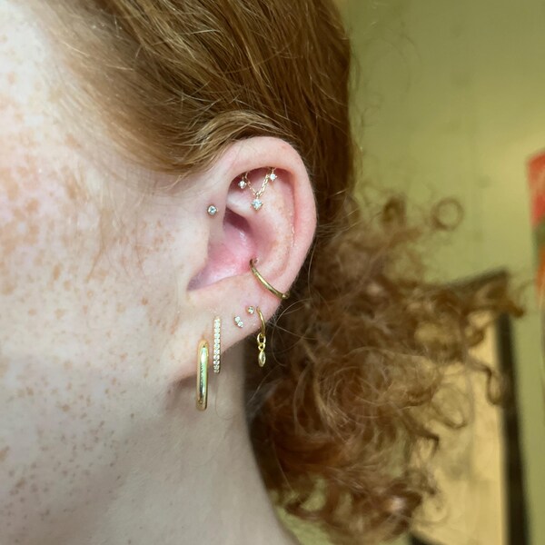 14K Solid Gold Threadless Dangle Piercing, Drop Earrings, Dangle ...